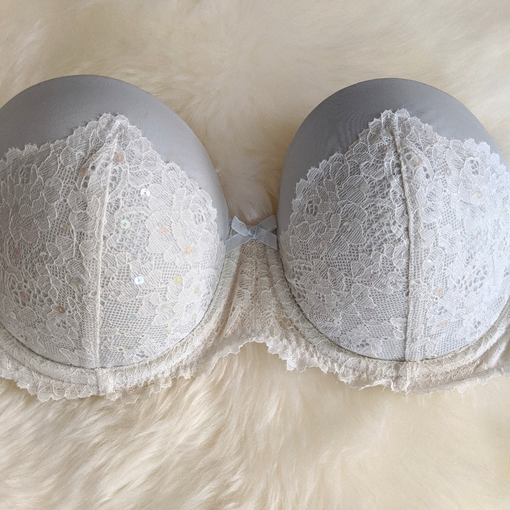 White + Light Blue Lace Bra With Sequence - Gem